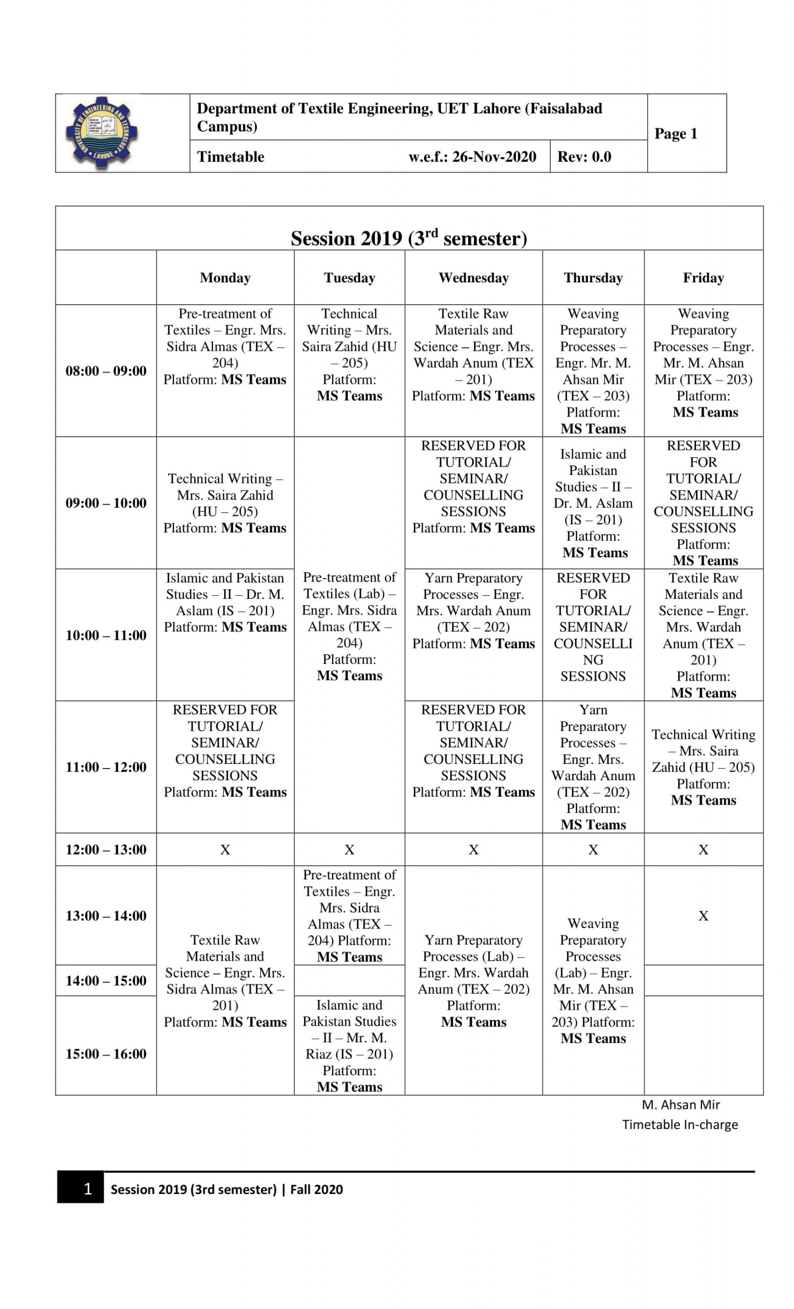 Textile ODL Classes Undergraduate Schedule – UET Faisalabad Campus
