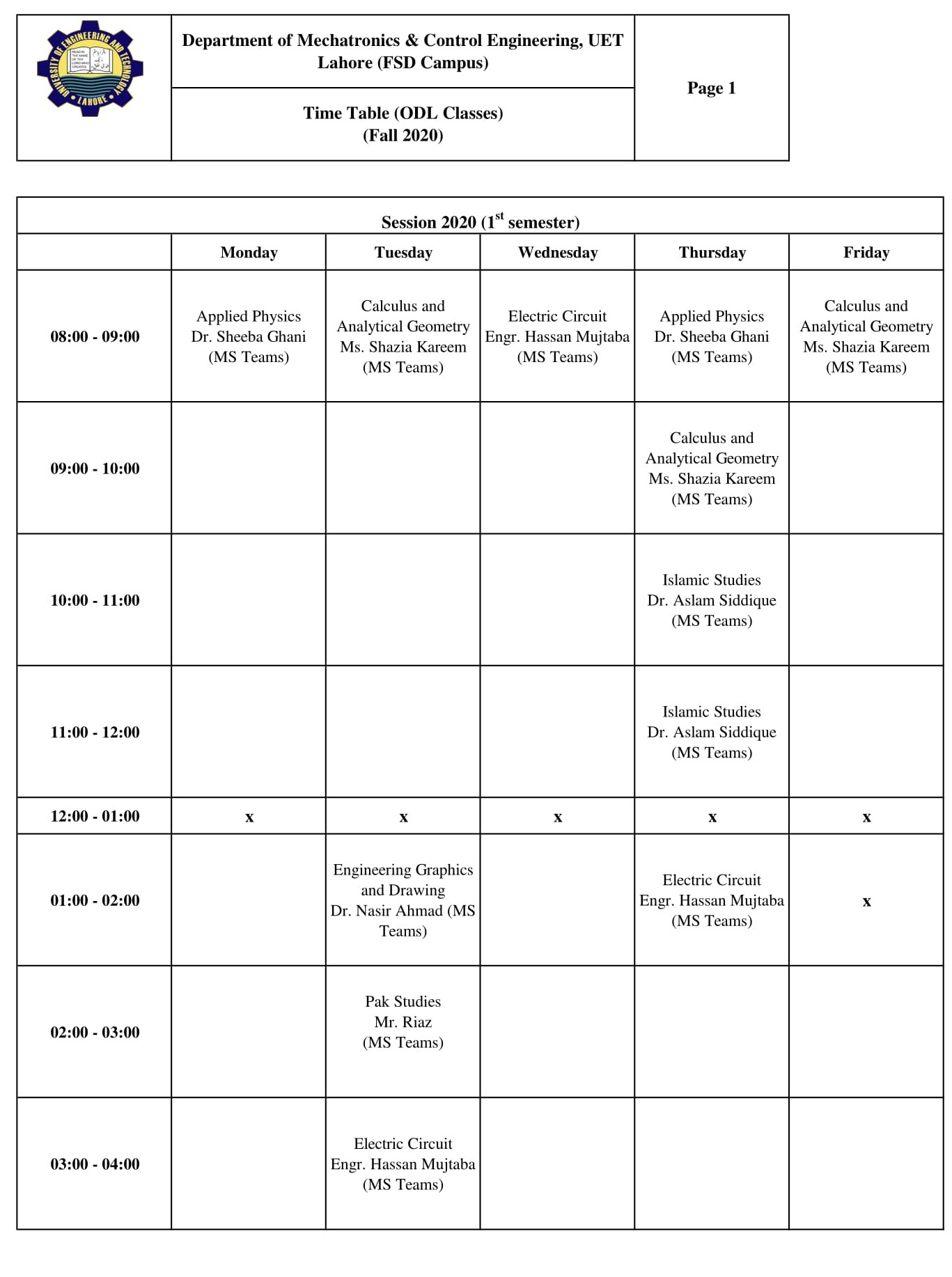 MCE ODL Classes Schedule – UET Faisalabad Campus