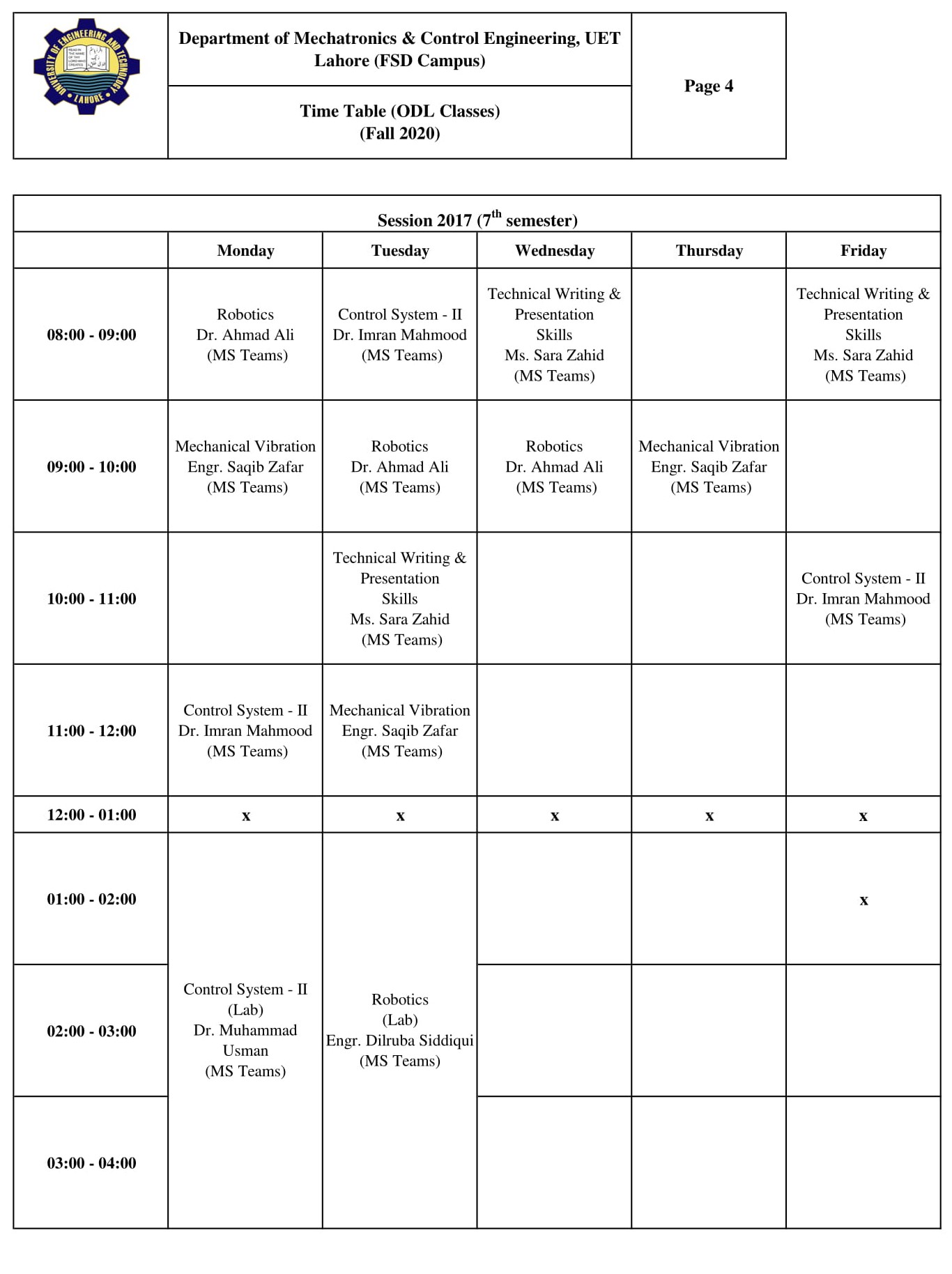 MCE ODL Classes Schedule – UET Faisalabad Campus